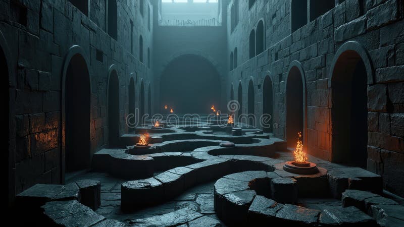 Mysterious Stone Chamber with Flickering Flames Illuminating the ...