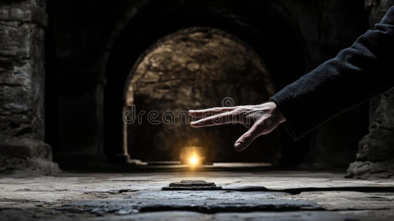 Mysterious Stone Chamber with Glowing Light and Reaching Hand Stock ...