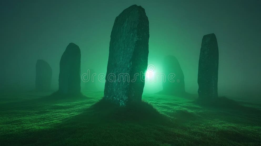 Mysterious Stone Circle Enveloped in Green Mist Stock Illustration ...