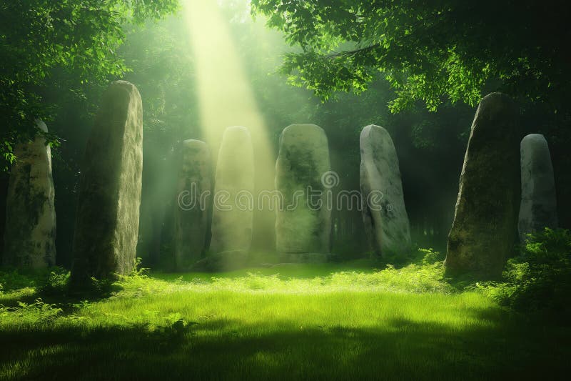 Mysterious Stone Circle in Sunlit Forest with Ancient Monoliths Stock ...