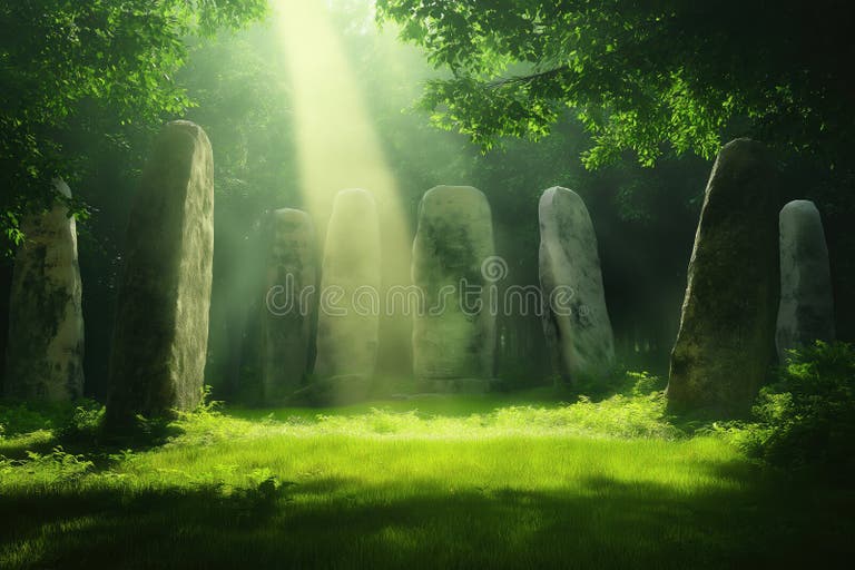 Mysterious Stone Circle in Sunlit Forest with Ancient Monoliths Stock ...