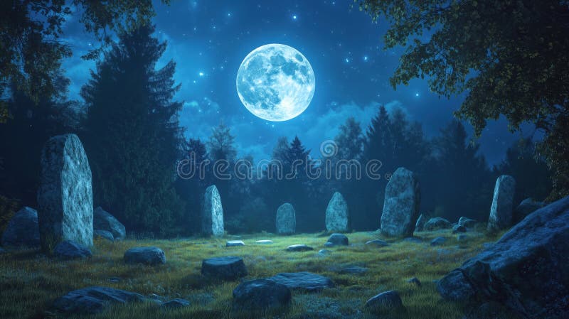 Mysterious Stone Circle Under Full Moon, Surrounded by Trees and Stars ...
