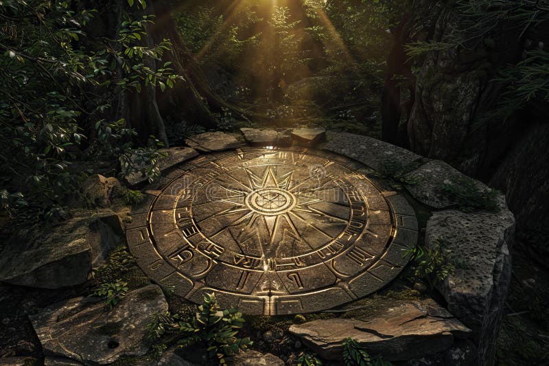 Mysterious Stone Compass Illuminating by Sunlight in Forest Stock ...
