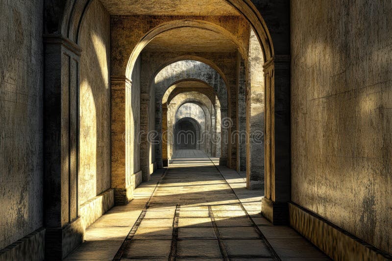 Mysterious Stone Corridor with Arches Illuminated by Soft Sunlight in a ...