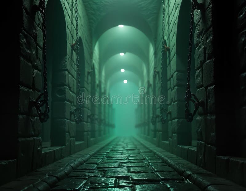 Mysterious Stone Corridor with Chains. Dim Light, Fog Create Eerie ...