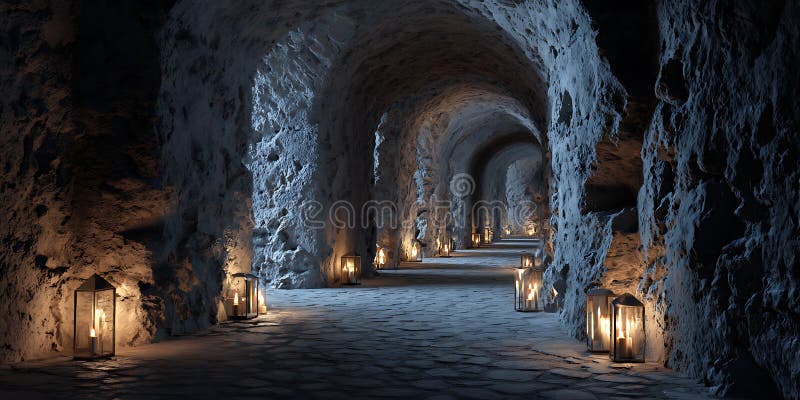Mysterious Stone Corridor Dark Archway and Lantern Lit Pathway Stock ...