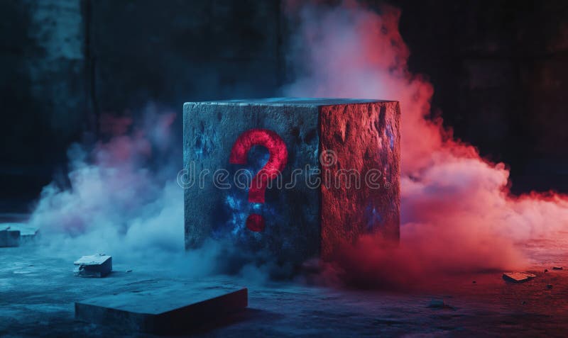 Mysterious Stone Cube with Question Mark Surrounded by Colorful Smoke ...