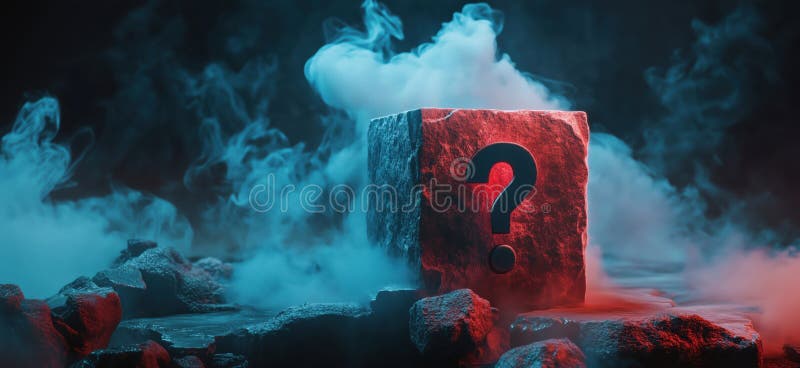 Mysterious Stone Cube with Question Mark Surrounded by Smoke and Rocks ...