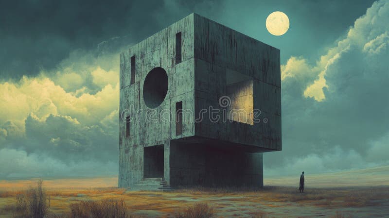 Mysterious Stone Cube Structure Under Night Sky Stock Illustration ...