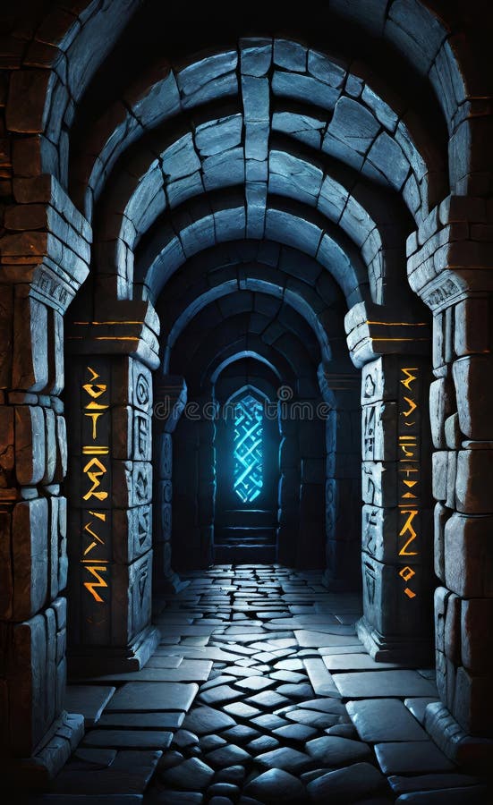 Mysterious Stone Dungeon Corridor with Glowing Exit Stock Image - Image ...