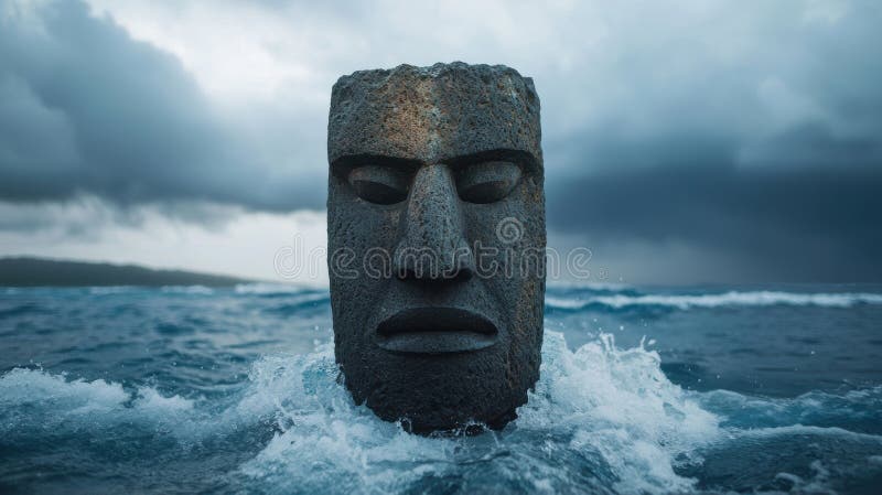 Mysterious Stone Face Emerging from Stormy Ocean Stock Illustration ...