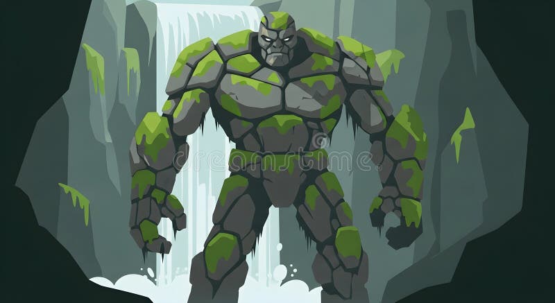 Mysterious Stone Golem Emerging from a Waterfall in a Dark Cave Stock Illustration ...