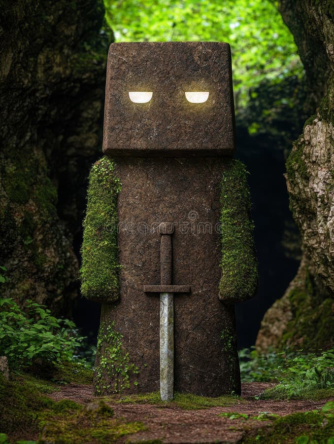 Mysterious Stone Guardian in Lush Forest Stock Illustration ...