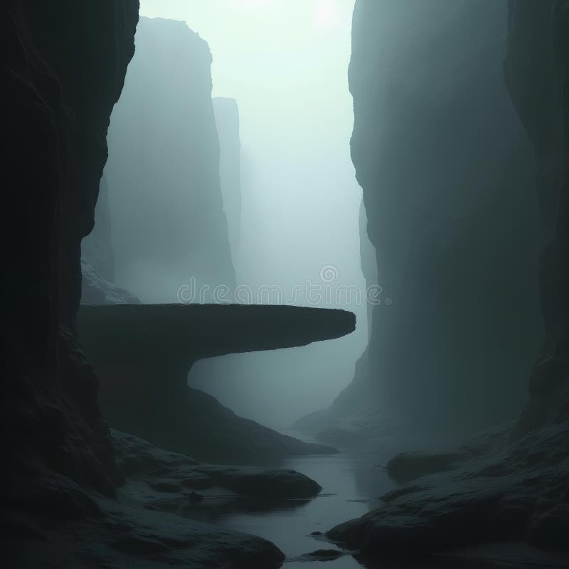 Mysterious Stone Ledge Floats in Silence between Towering Misty Cliffs ...