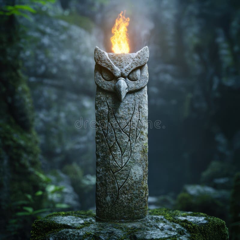 Mysterious Stone Owl Statue with Burning Flame Stock Illustration ...