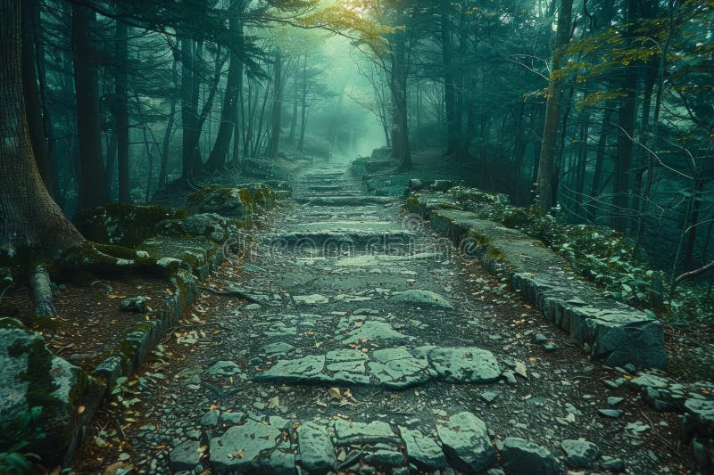 Mysterious Stone Path through Aokigahara Forest with Ethereal Light ...