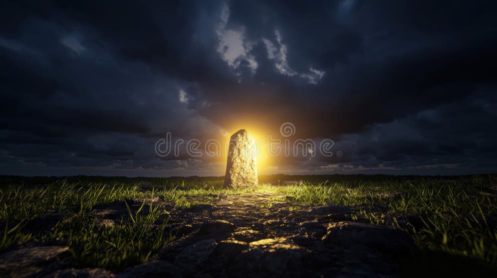 A Mysterious Stone Pillar Stands in a Field, Illuminated by a Bright ...