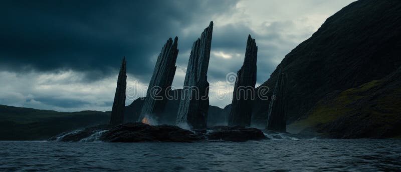 Mysterious Stone Pillars Rise from the Sea. Stock Illustration ...