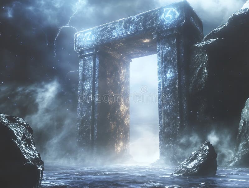 Mysterious Stone Portal Amid Dramatic Stormy Landscape Stock ...