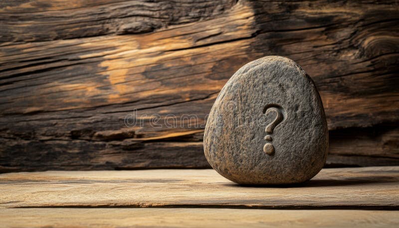Mysterious Stone with a Question Mark on a Wooden Surface in Warm Light ...