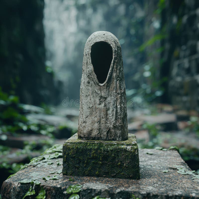 Mysterious Stone Sculpture in Misty Forest Stock Illustration ...
