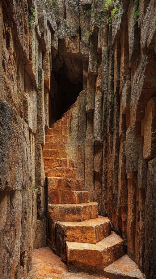 Mysterious Stone Steps Ascending through Tight Rock Formations, with ...