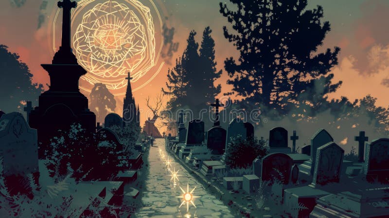 Mysterious Sundown at Enchanted Cemetery with Ethereal Orbs Stock Image ...