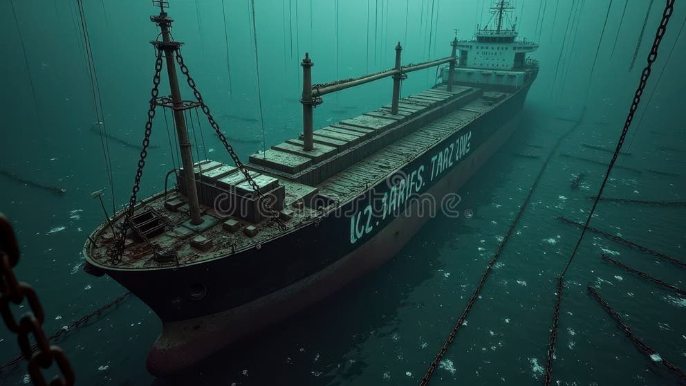 Mysterious Sunken Cargo Ship in Underwater Scene with Chains and Murky ...