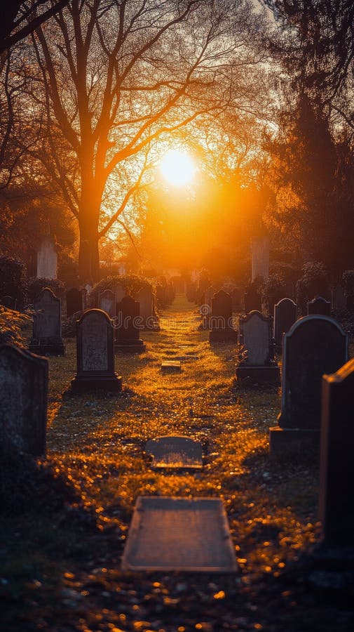 Mysterious Sunset Casts Golden Light Over a Tranquil Cemetery Path ...
