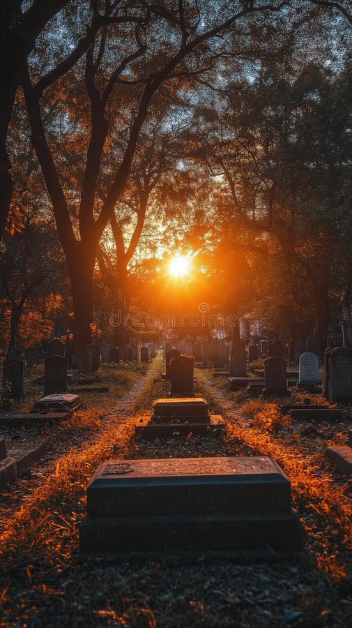 Mysterious Sunset Casts Golden Light Over Tranquil Cemetery Path ...