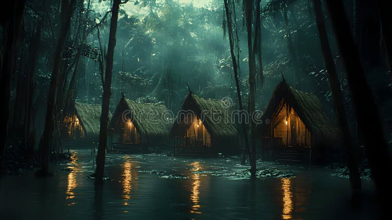 Mysterious Swamp Village at Night Stock Illustration - Illustration of ...