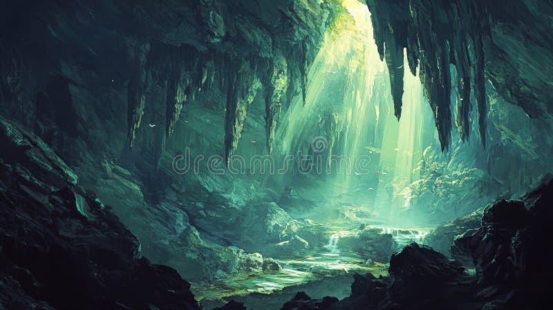 Mysterious Teal Cave with Light Beams and Stream Stock Illustration ...