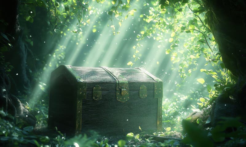 Mysterious Treasure Chest Hidden in Enchanted Forest with Sunlight Rays ...