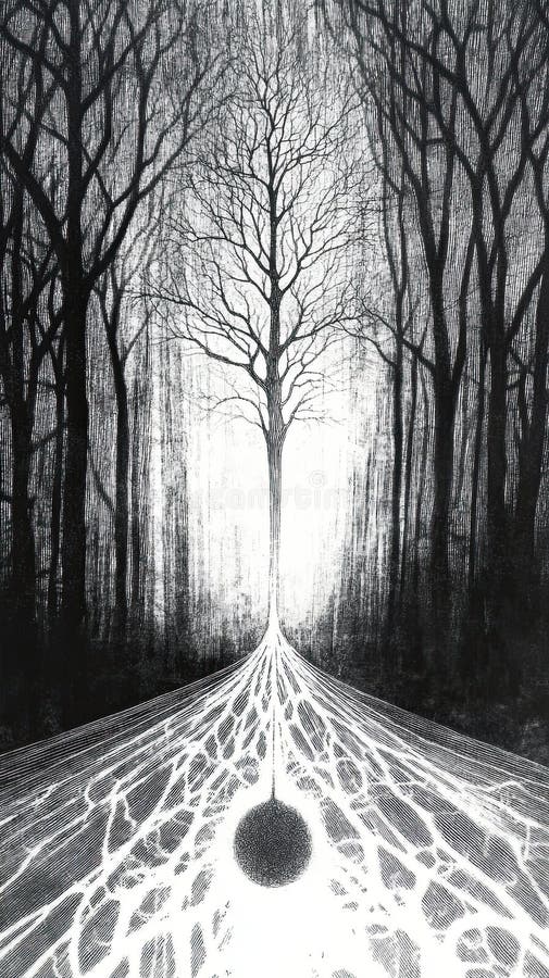 Mysterious Tree in a Dark Forest Illuminated by Ethereal Light Creating ...