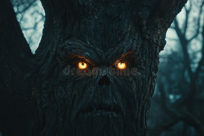 Mysterious Tree Face with Glowing Eyes in Enchanted Forest Scene Stock ...