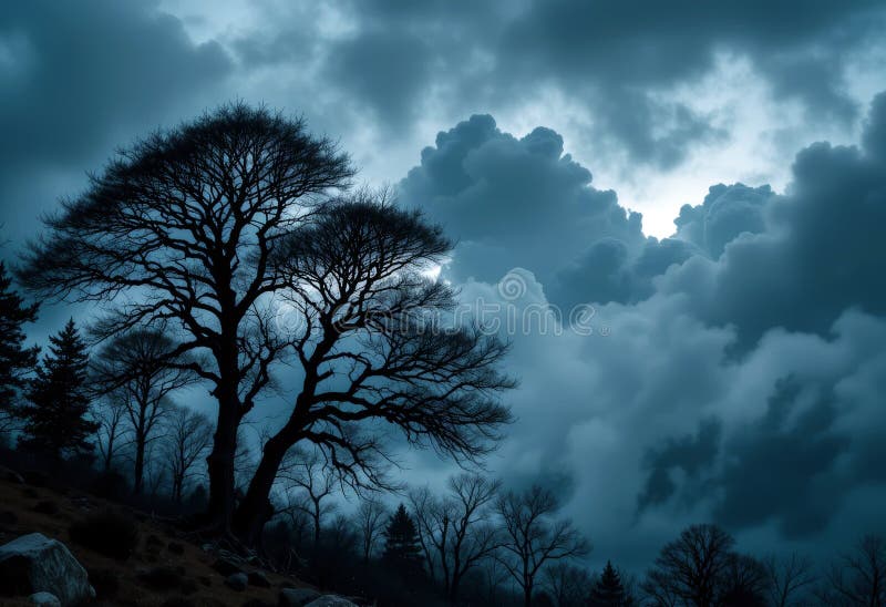 Mysterious Trees at Twilight Under Majestic Cloudy Sky. Stock Image ...
