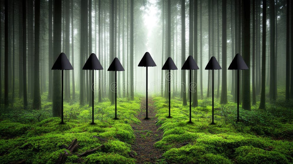 Mysterious Triangle Sculptures in a Misty Forest Clearing at Dawn Stock ...