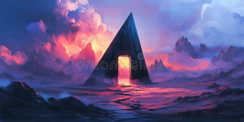 Mysterious Triangular Portal in a Surreal Landscape at Sunset Stock ...