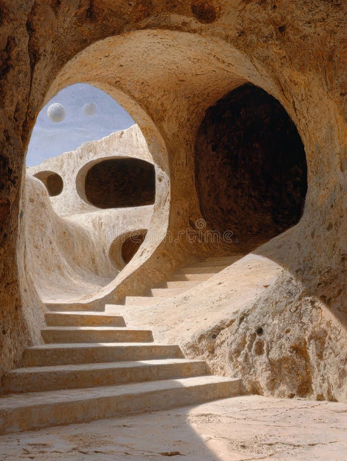 Mysterious Underground Cave with Carved Stairs and Arched Entrance ...