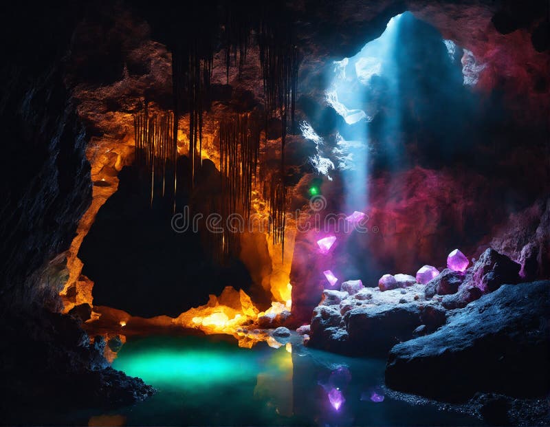 Mysterious Underground Cave with Glowing Crystals and River, Dark ...