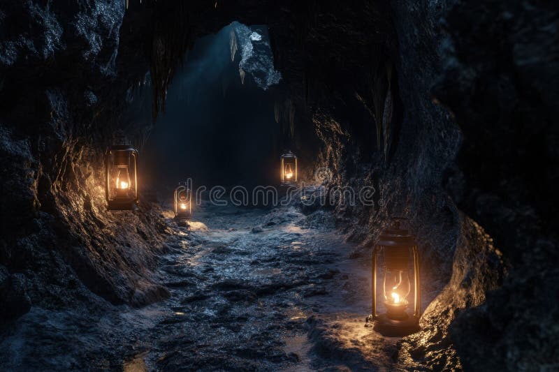 Mysterious Underground Cave Illuminated by Lanterns at Night Stock ...