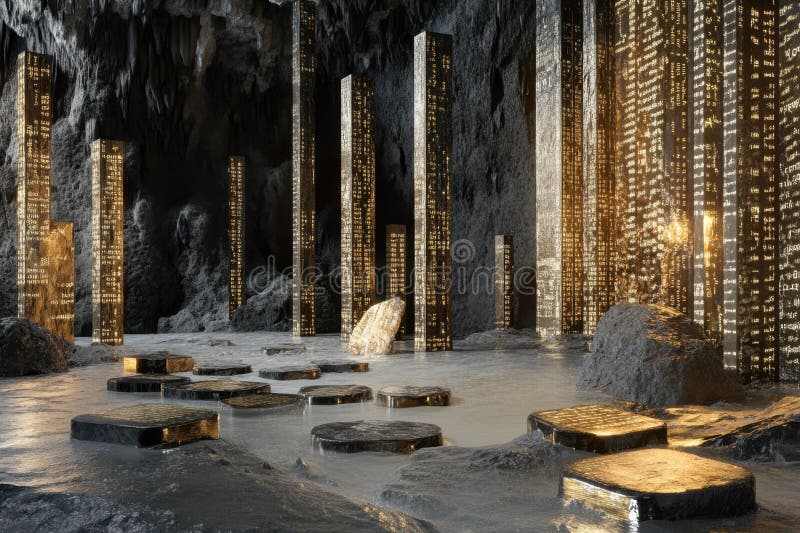 Mysterious Underground Cave with Illuminated Pillars and Tranquil Water ...