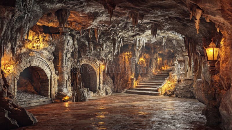 Mysterious Underground Cave Interior with Stone Architecture and Golden ...
