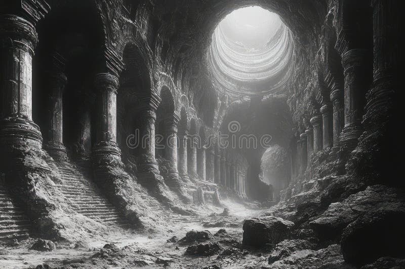 Mysterious Underground Cavern with Ancient Pillars and Bright Opening ...