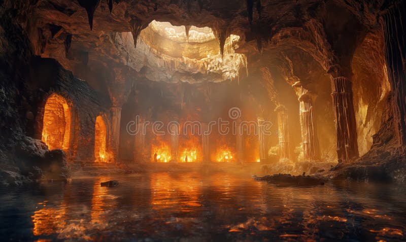 Mysterious Underground Cavern with Glowing Lava and Reflective Water ...