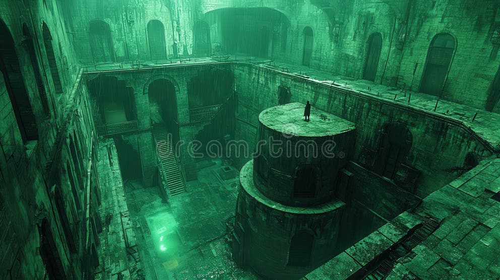 Dark Underground Chamber with Green Glowing Light Stock Photo - Image ...