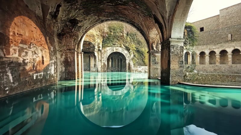 Mysterious Underground Pool with Ancient Architecture Reflecting Serene ...