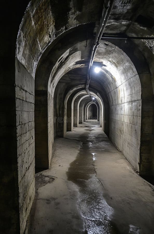 Mysterious Underground Tunnel with Dim Lighting and Arched Stone ...
