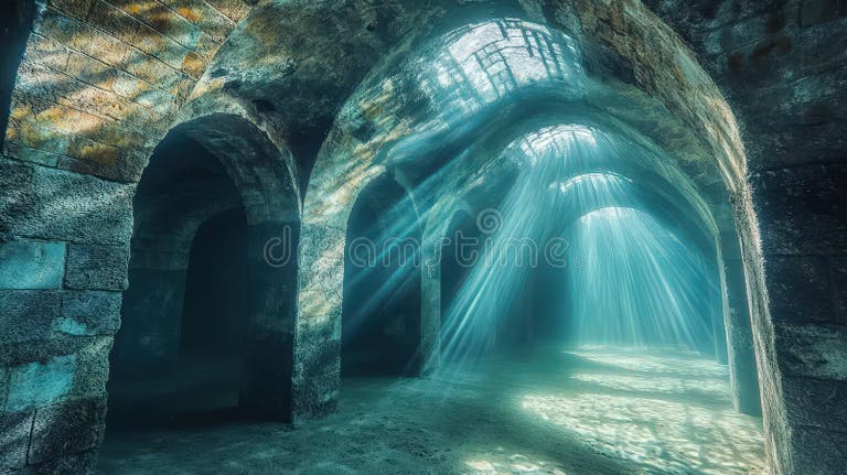 Mysterious Underwater Archway with Rays of Light through Water Surface ...