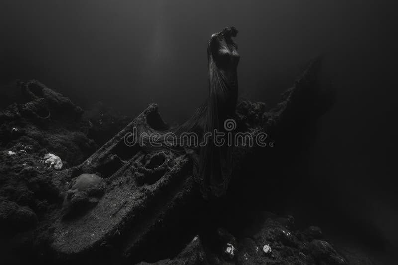 Mysterious Underwater Figure on Sunken Ship in Dark Ocean Depths Stock ...
